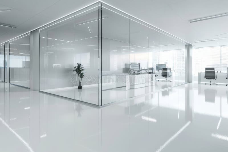 Modern Office with Glass Partition and Stylish White Flooring for ...