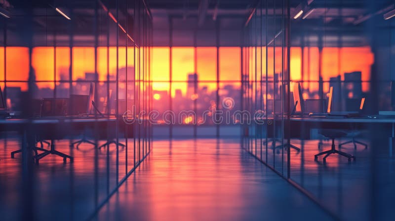 Modern Office with Glass Walls and Sunset Cityscape Reflection Creates ...