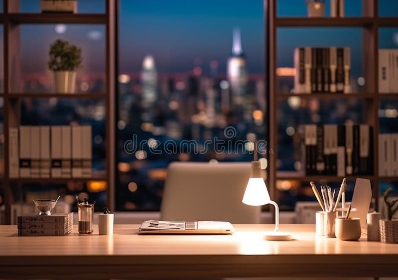 Modern Office with Glassy Table and Night Megapolis City View, AI ...
