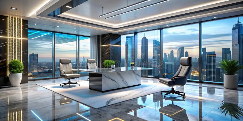 Modern Office, Glossy Floor, Panoramic Windows, Interior Design Stock ...