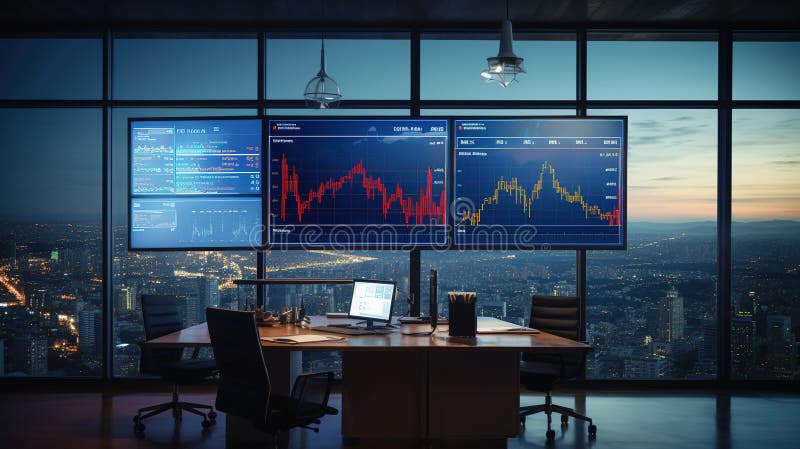 Modern Office with Graph Screens Overlooking City Skyline at Dusk Stock ...