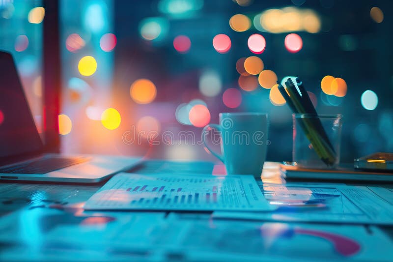 Modern Office with Graph Sheets and Laptop on a Desk. Generative AI ...