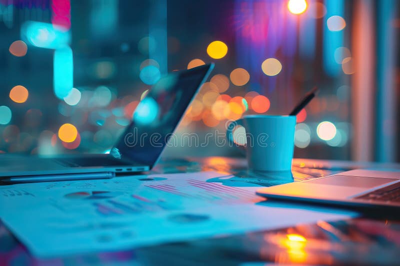 Modern Office with Graph Sheets and Laptop on a Desk. Generative AI ...