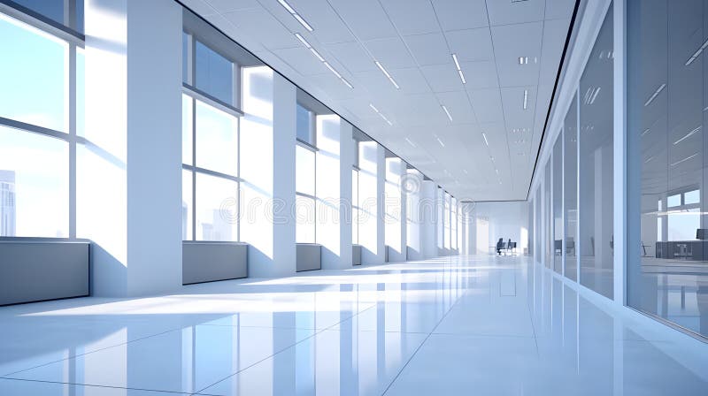 Modern Office Hall with Big Windows and Bright Rays of Light. Stock ...
