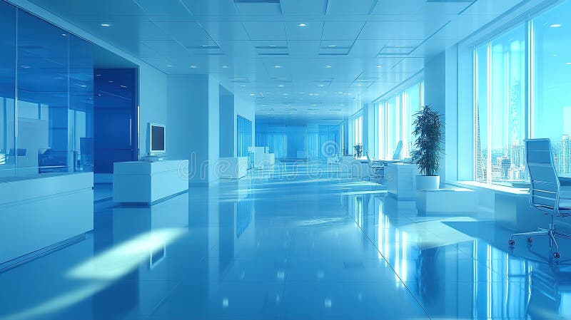 Modern Office Hallway, City View, Sunlight, Clean Design, Corporate ...