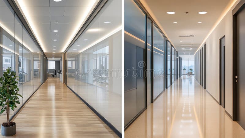 Modern Office Hallway Design a SidebySide Comparison of Glass Walls ...