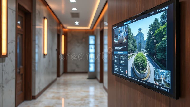 Modern Office Hallway with Digital Screen Displaying Urban Landscape ...