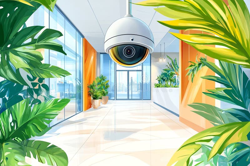 A Modern Office Hallway with a Dome-shaped Security Camera Stock Photo ...