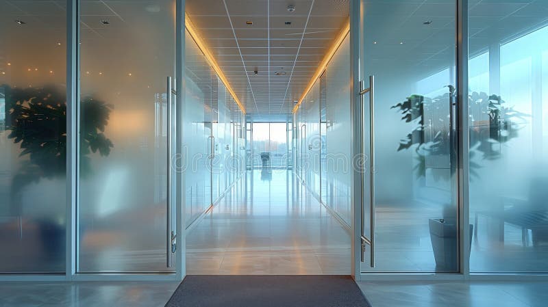 Modern Office Hallway with Frosted Glass Doors Stock Illustration ...