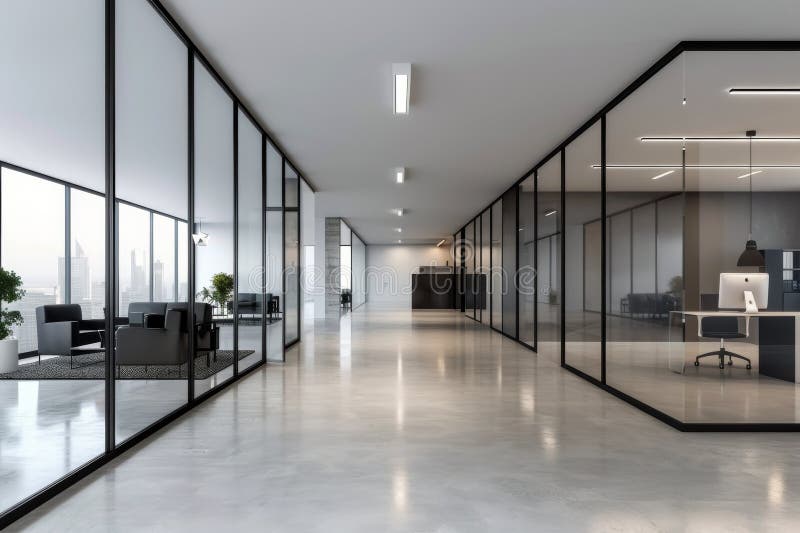 Modern Office Hallway with Glass Partitions Stock Image - Image of ...