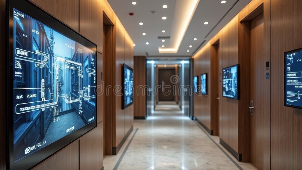 Modern Office Hallway with Interactive Screens and Wooden Panels Stock ...