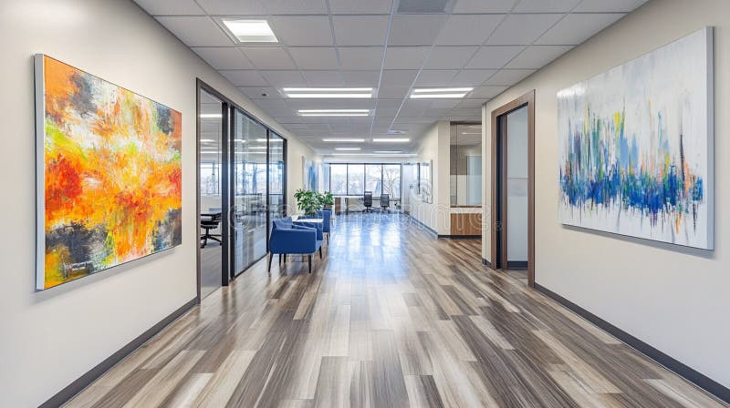 Modern Office Hallway Interior Design with Abstract Art Paintings ...
