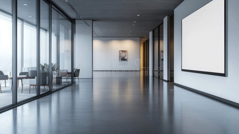 Modern Office Hallway Interior Design with Reflective Floor Stock ...