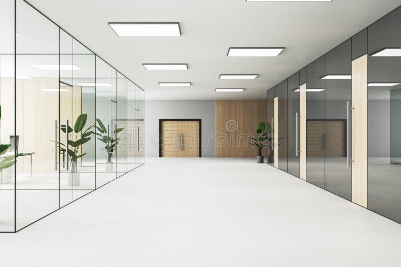 Modern Office Hallway Interior with Wooden, Glass and Concrete Elements ...