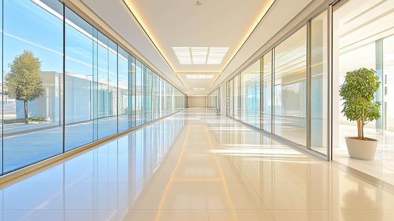 Modern Office Hallway with Large Windows Stock Illustration ...
