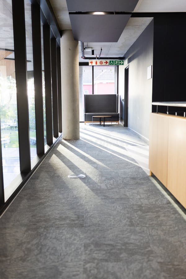 Modern Office Hallway with Large Windows and Natural Light Streaming in ...