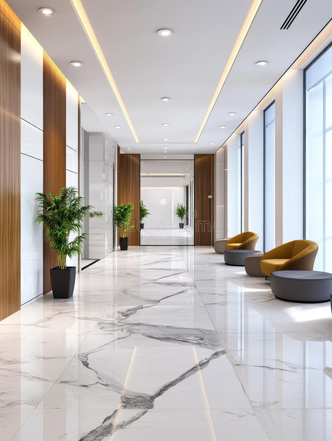 Modern Office Hallway Marble Floor Seating Area Elegant Modern Office ...