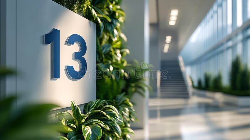 Modern Office Hallway with Number 13, Plants, and Stairs. Stock Image ...