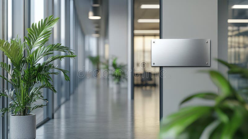 Modern Office Hallway with Plants and Blank Sign Stock Illustration ...