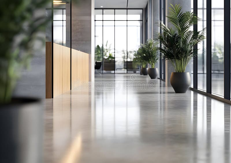 Modern Office Hallway with Plants and Large Windows, Creating a Bright ...