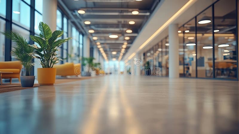 Modern Office Hallway with Plants, Yellow Sofas, and Glass Walls Stock ...