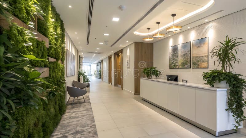 Modern Office Hallway with Reception Desk and Greenery Creating a ...