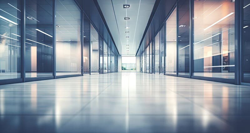 Modern Office Hallway with Reflective Tiled Floor and Warm Ambient ...
