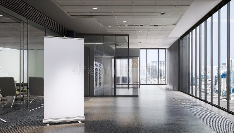 Modern Office Hallway with Roll-up Display Stand and Glass Walls. 3D ...