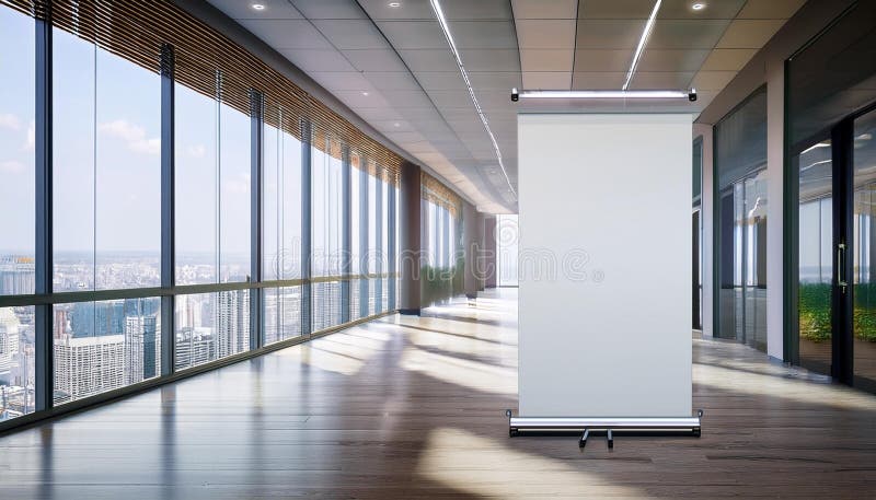 Modern Office Hallway with Roll-up Display Stand and Glass Walls. 3D ...