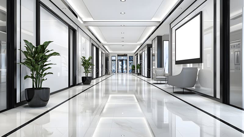 Modern Office Hallway with Sleek Design and Plants Stock Illustration ...