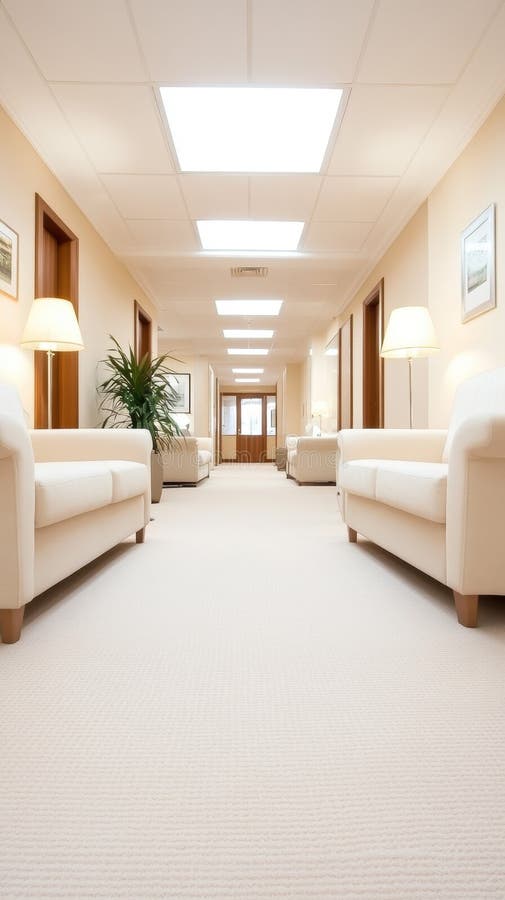 Modern Office Hallway with Sofas and Soft Lighting Stock Illustration ...