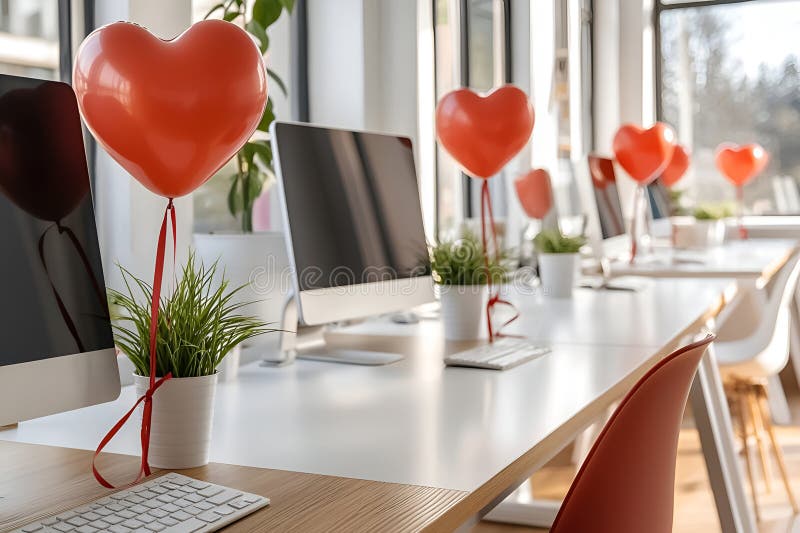 Modern Office with Heart Balloons and Computers in Bright Workspace ...
