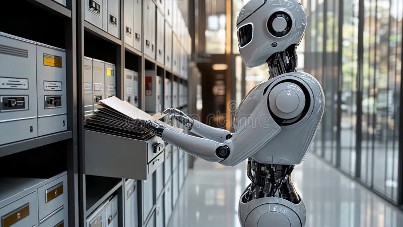 Futuristic Robot Organizing Files in Modern Office Environment Stock ...