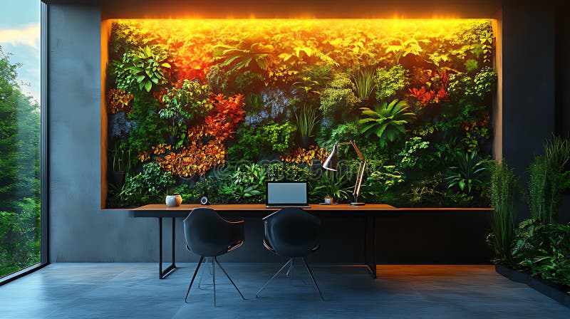 Modern Office, Illuminated Vertical Garden, Laptop, Forest View Stock ...