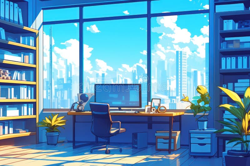 Modern Office Illustration with City View and Desk Setup Stock ...