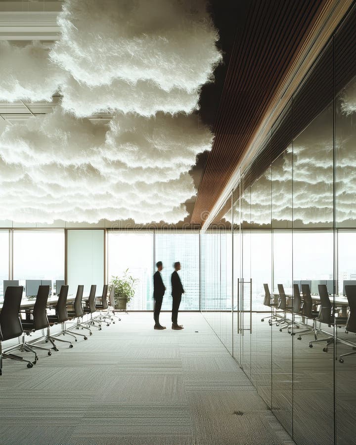 Modern Office Interior with Artistic Cloud Installation and Reflection ...