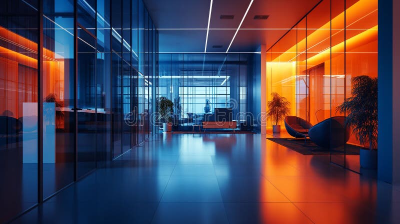Modern Office Interior Bathed in Blue and Orange Lighting. Stock Photo ...