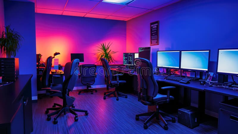 Modern Office Interior Bathed in Pink and Blue Led Glow, Revealing ...