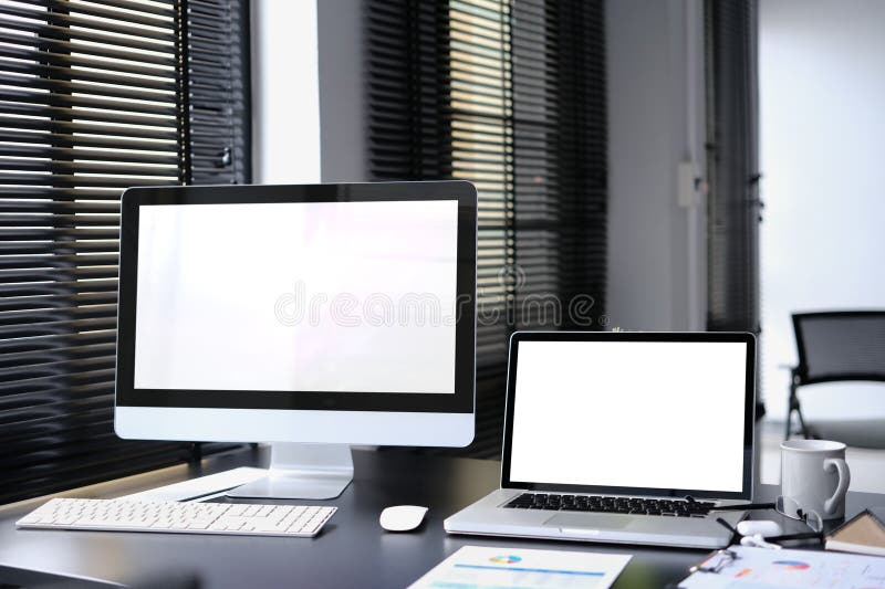 Modern Office Interior with Blank Computer Monitor, Laptop, Document ...