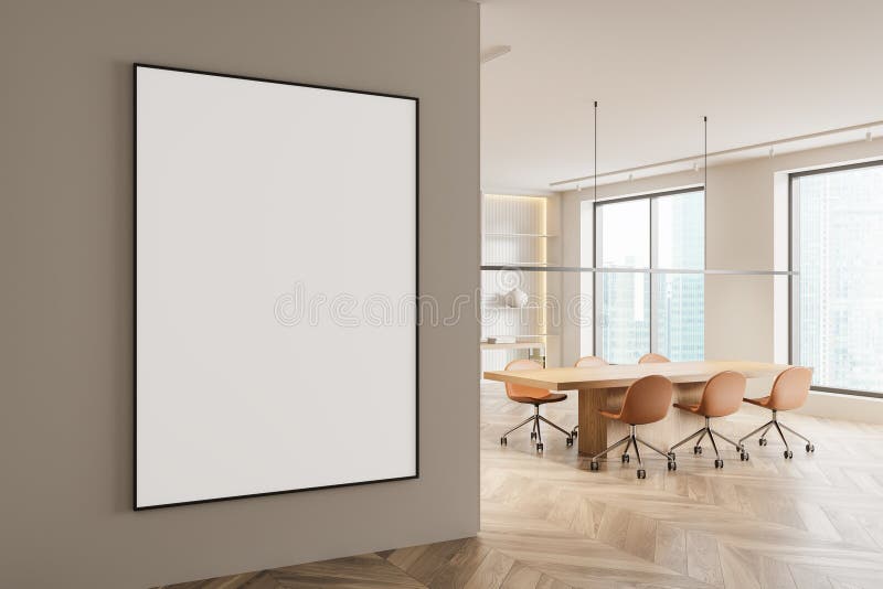A Modern Office Interior with a Blank Poster on a Wall, Featuring an ...