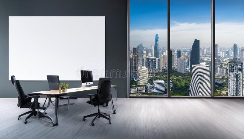 A Modern Office Interior with a Blank Poster on the Wall, Large Windows ...