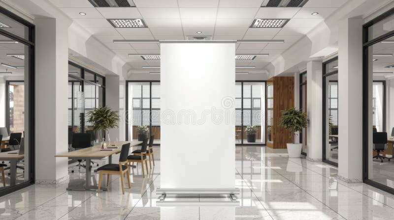 Modern Office Interior with Blank Rollup Standee for Presentations ...