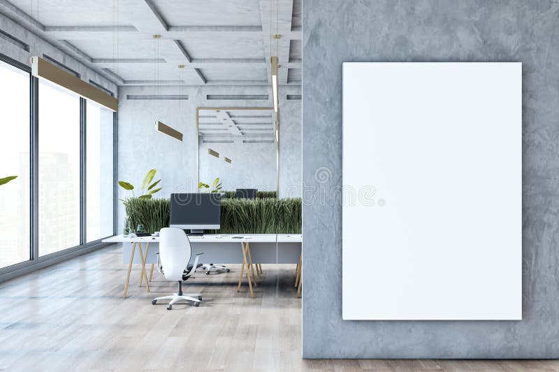 Modern Office Interior with Blank Vertical Canvas on Textured Wall. 3D ...