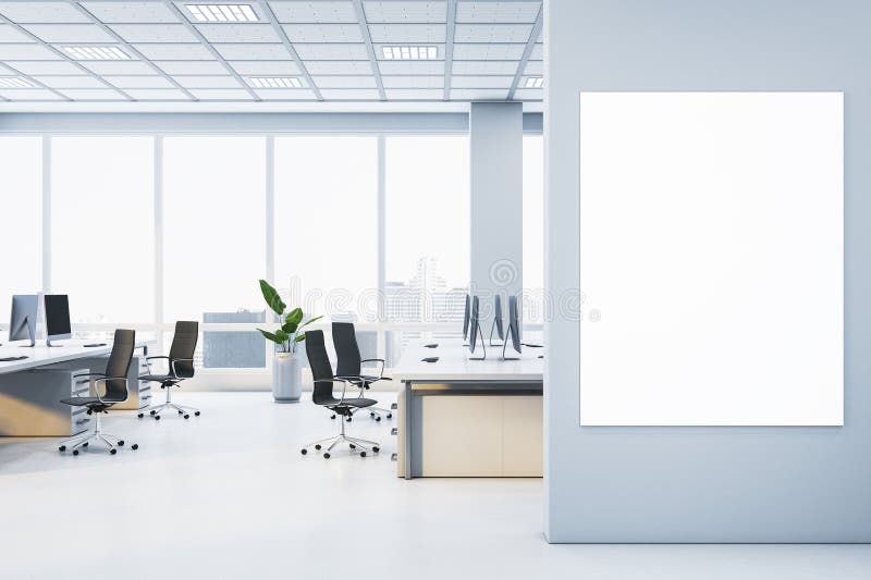 Modern Office Interior with Blank Vertical Poster on Wall. 3D Rendering ...