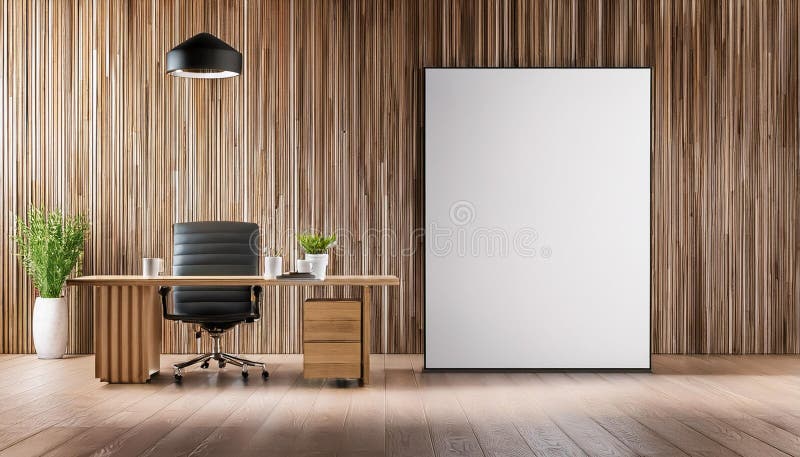 Modern Office Interior with a Blank Vertical Poster on Wooden Wall. 3D ...