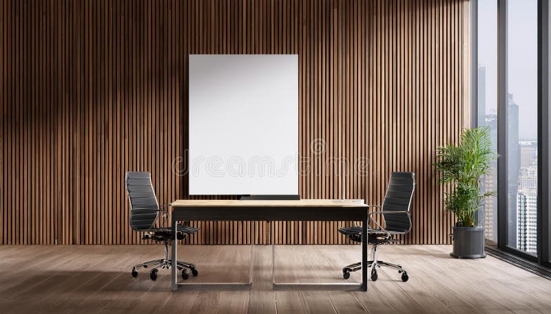 Modern Office Interior with a Blank Vertical Poster on Wooden Wall. 3D ...