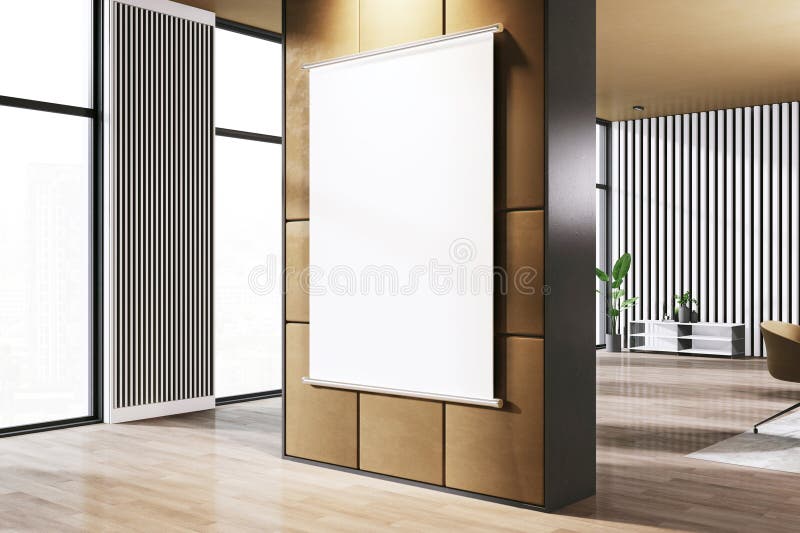 Modern Office Interior with Blank Vertical Screen for Branding or ...