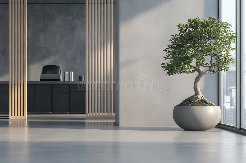 Modern Office Interior with Bonsai Tree and Natural Light Stock ...