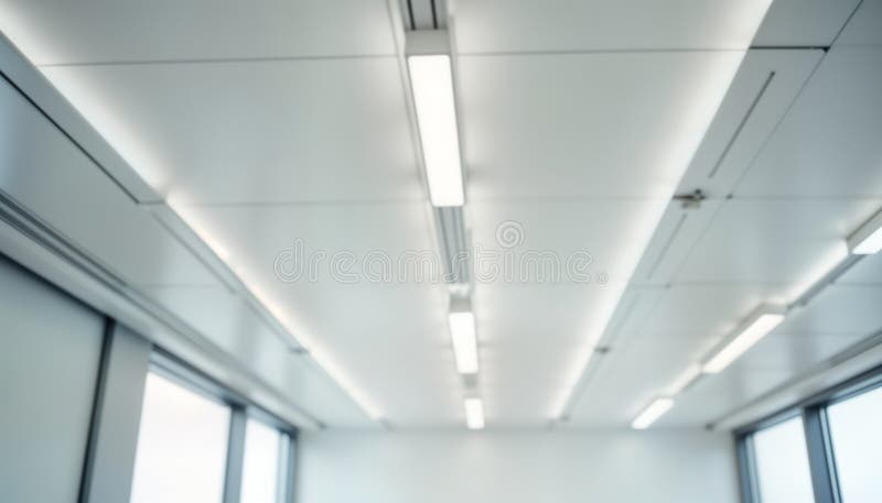 Modern Office Interior with Bright White Ceiling, Fluorescent Lights. Interior Design Features ...