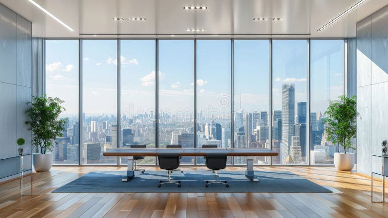 Modern Office Interior with City Skyline View Stock Image - Image of ...